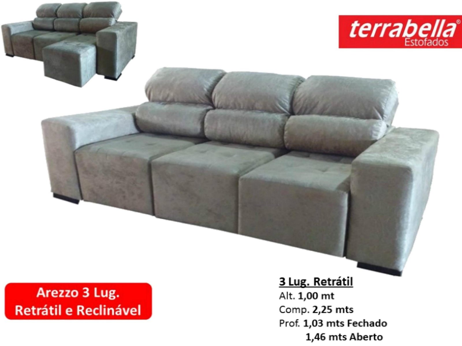 AREZZO 3 LUG RETRATIL E RECLINAVEL - ESTOFADO TERRABELLA